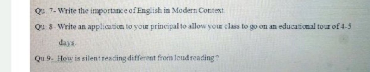 Qu. 7- Write the importance of English in Modern Context. Qu. 8-Write an