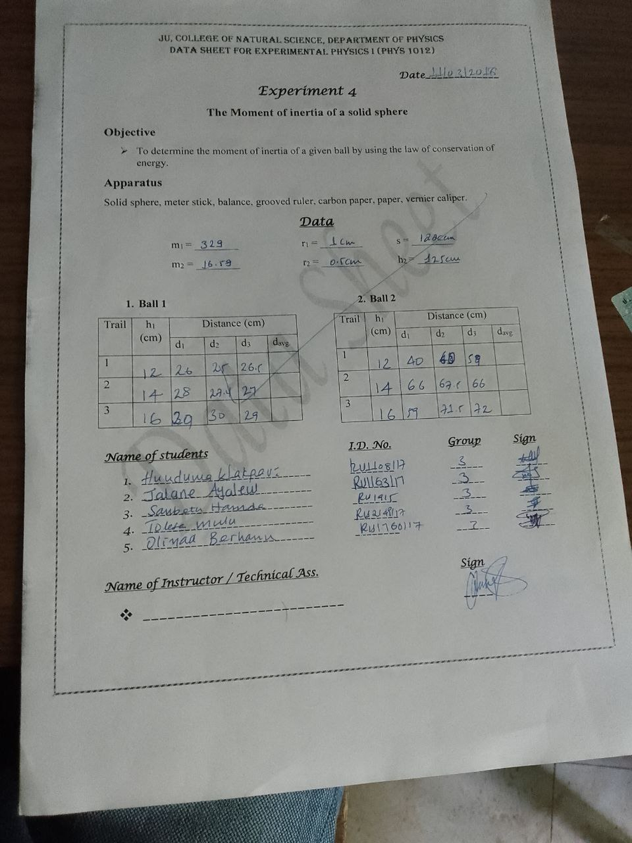 The Moment of Inertia of a Solid Sphere Objective: To determine the mome..
