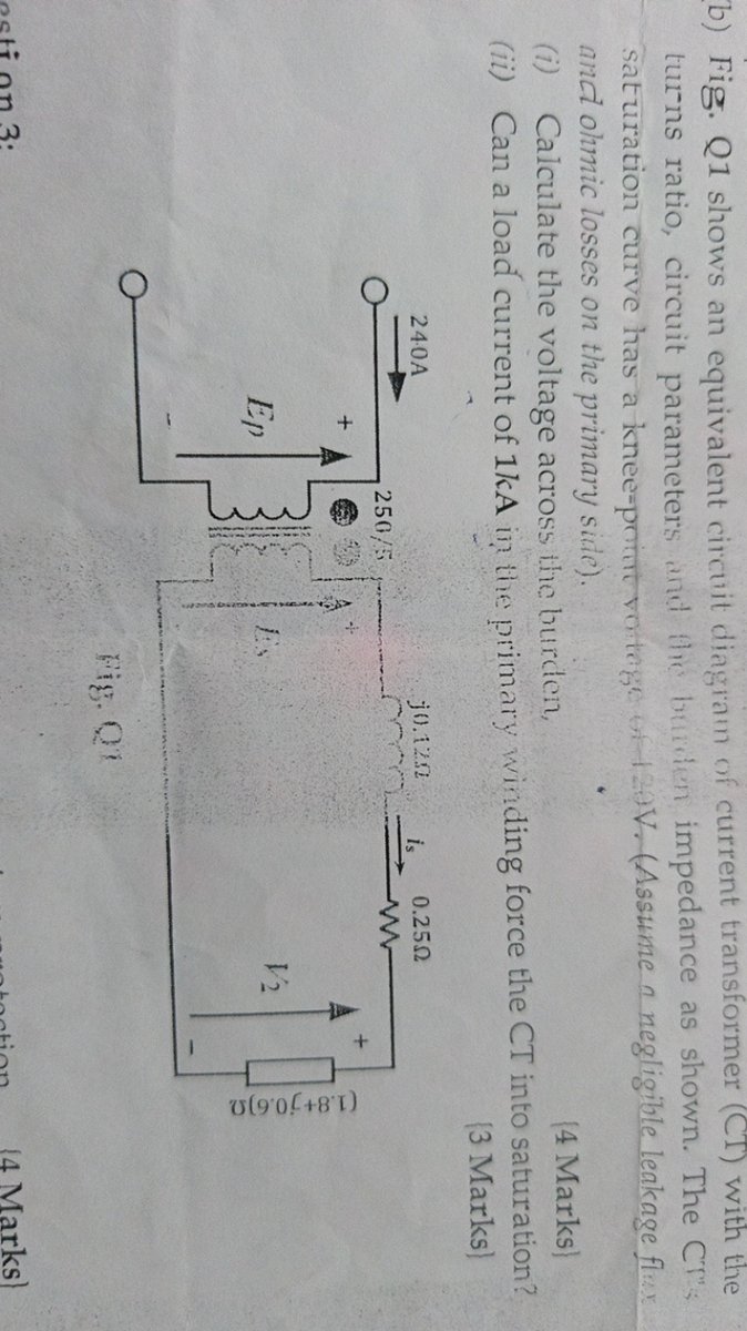 Fig. Q1 shows an equivalent circuit diagram of current transformer (CT) w..