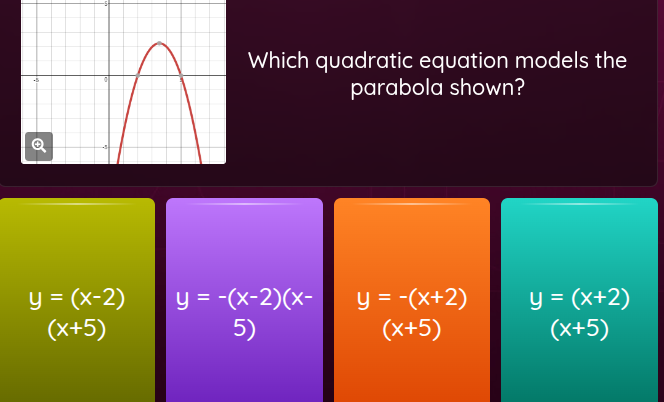 Which quadratic equation models the parabola shown? Options: y = (x-2)(x..