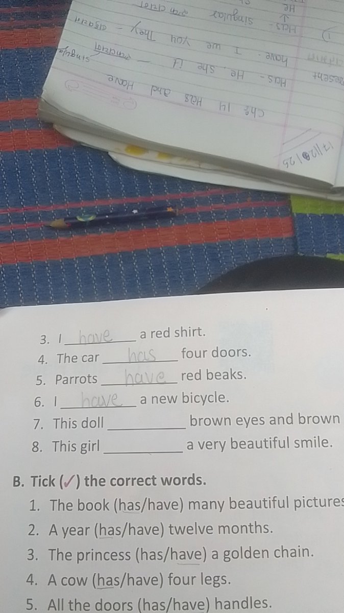 B. Tick ( ) the correct words. The book (has/have) many beautiful pictur..