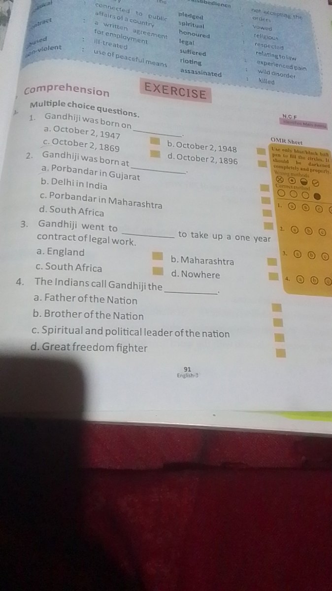 Comprehension Multiple choice questions. Gandhiji was born on __. a. O..