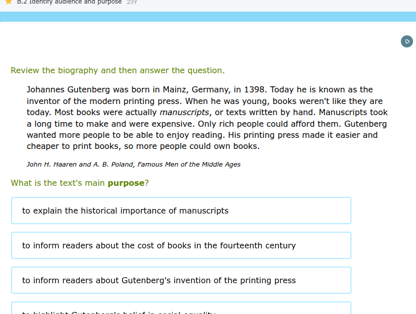 Review the biography and then answer the question. Johannes Gutenberg wa..