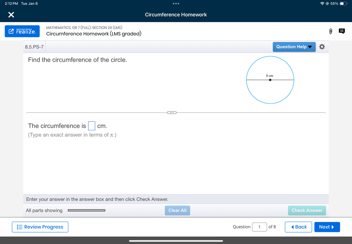 Find the circumference of the circle. (Image shows a circle with a diame..