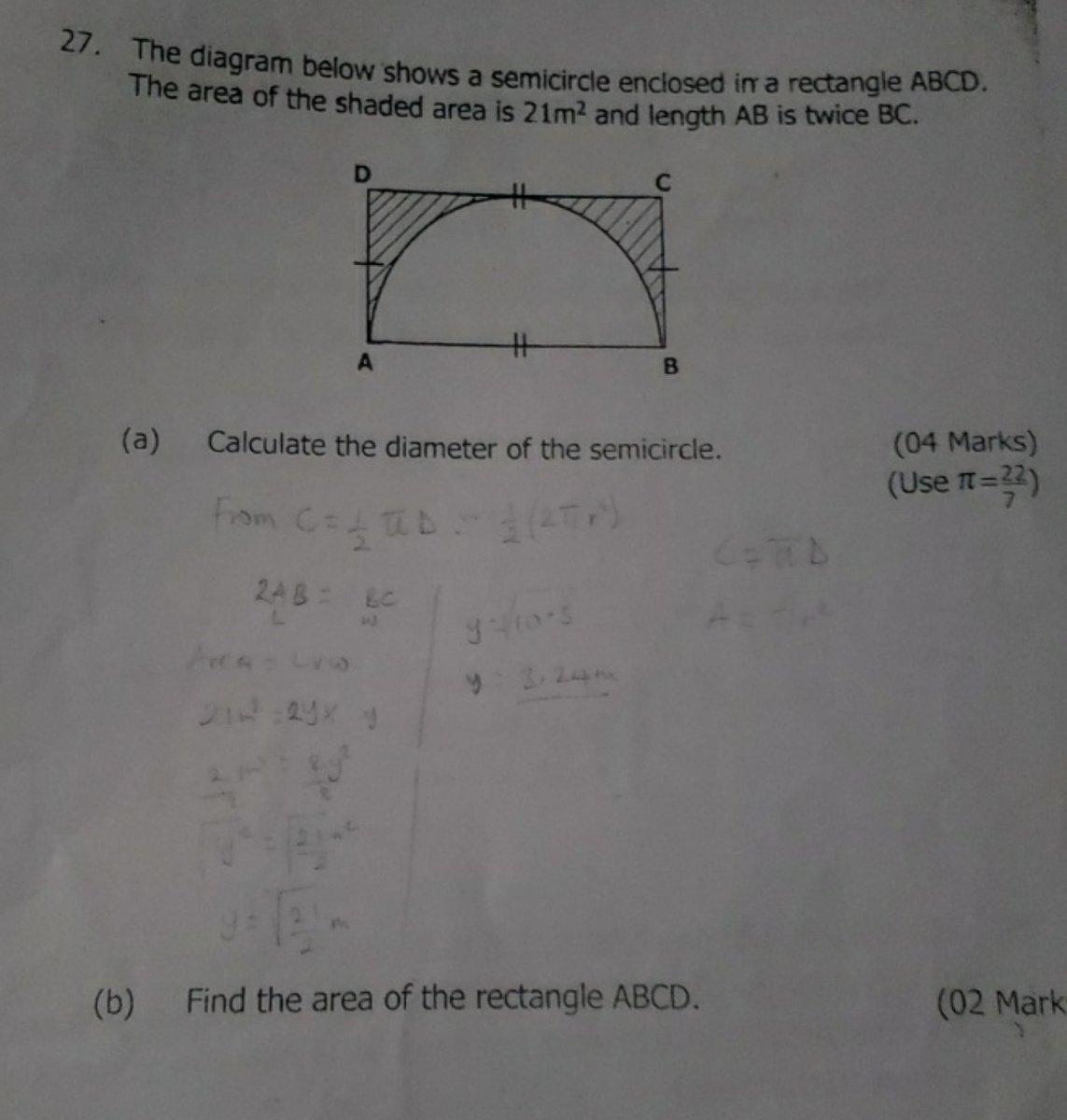 The diagram below shows a semicircle enclosed in a rectangle ABCD. The ar..