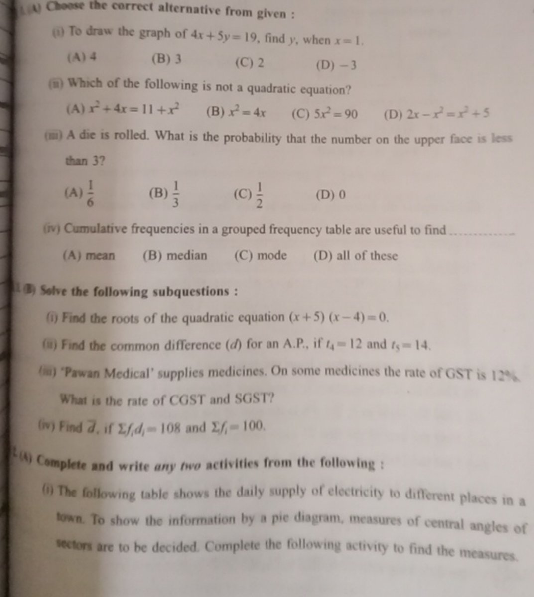 Here are multiple questions from a mathematics exam. Please provide solut..