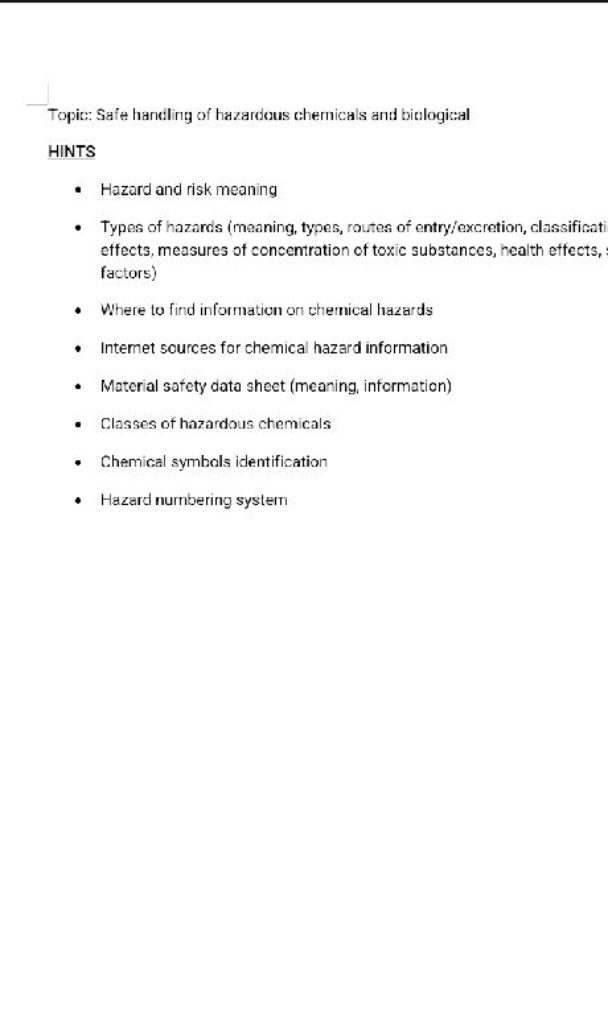 Topic: Safe handling of hazardous chemicals and biological HINTS Hazard a..