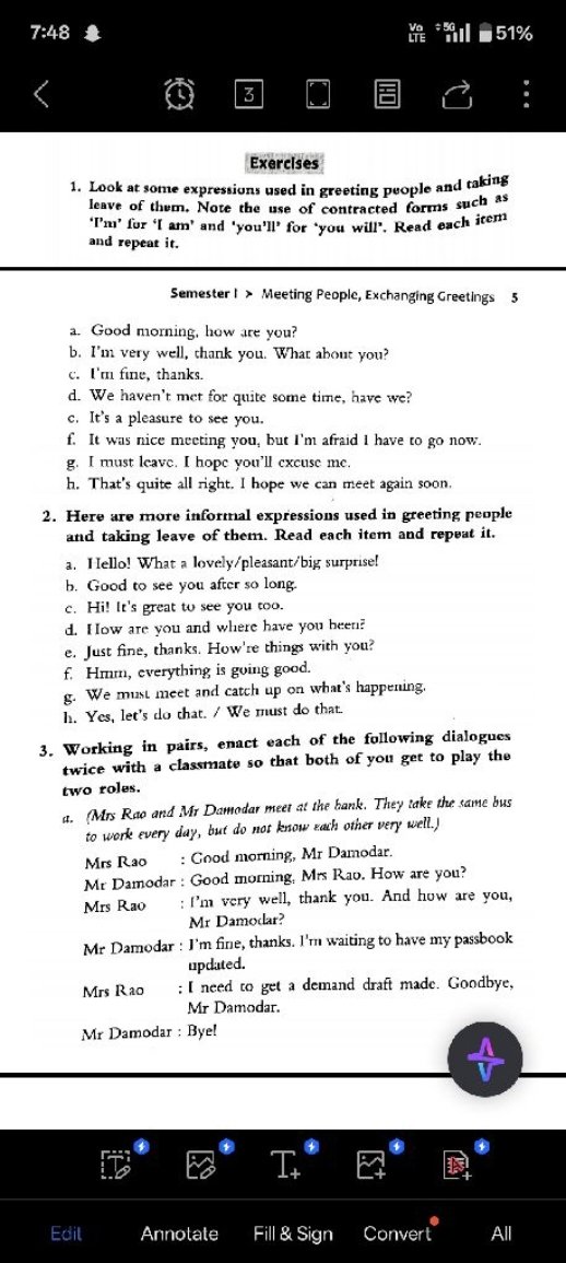 Here are some exercises related to greeting people and taking leave of th..