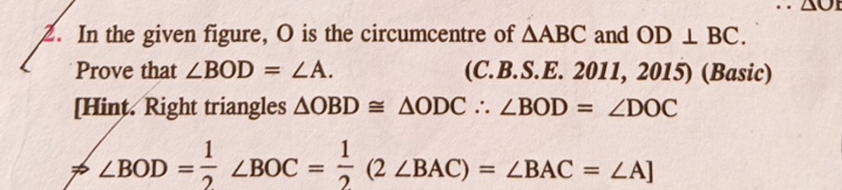 In the given figure, O is the circumcentre of \triangle ABC and OD \perp