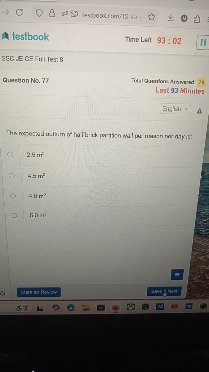 The expected outturn of half brick partition wall per mason per day is: