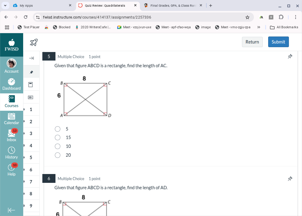 Given that figure ABCD is a rectangle, find the length of AC. (Diagram o..