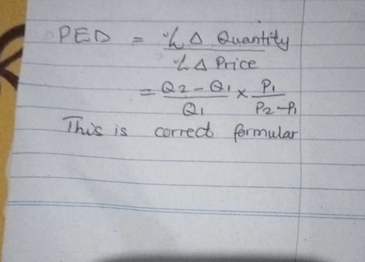 The image shows the following formula: PED = \frac{\% \Delta Quantity}{\..