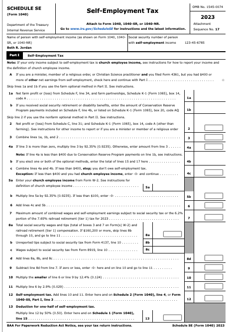 Fill out the form Schedule SE (Form 1040) 2023 based on the provided info..