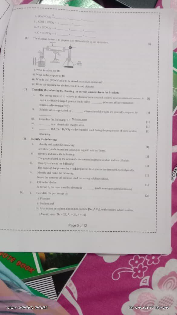 (b) The diagram below is to prepare iron (III) chloride in the laboratory..