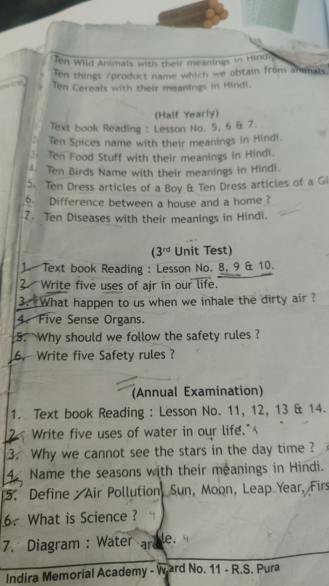Here are the questions from the image: Half Yearly Text book Reading: Le..