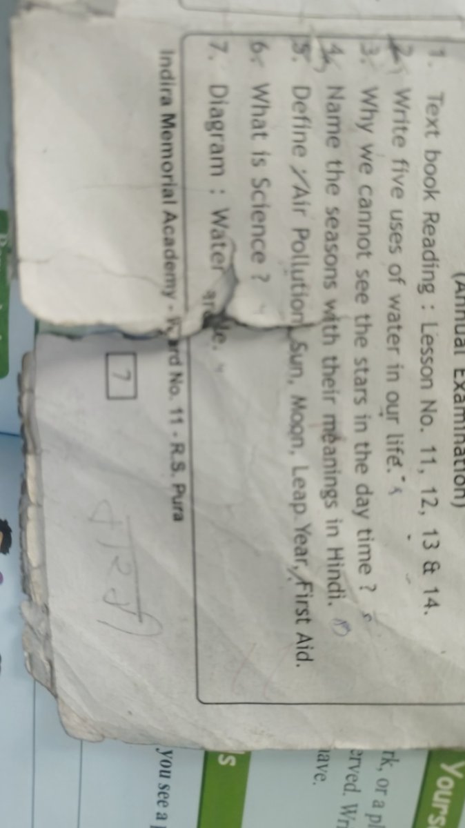 Text book Reading: Lesson No. 11, 12, 13 & 14. Write five uses of water i..