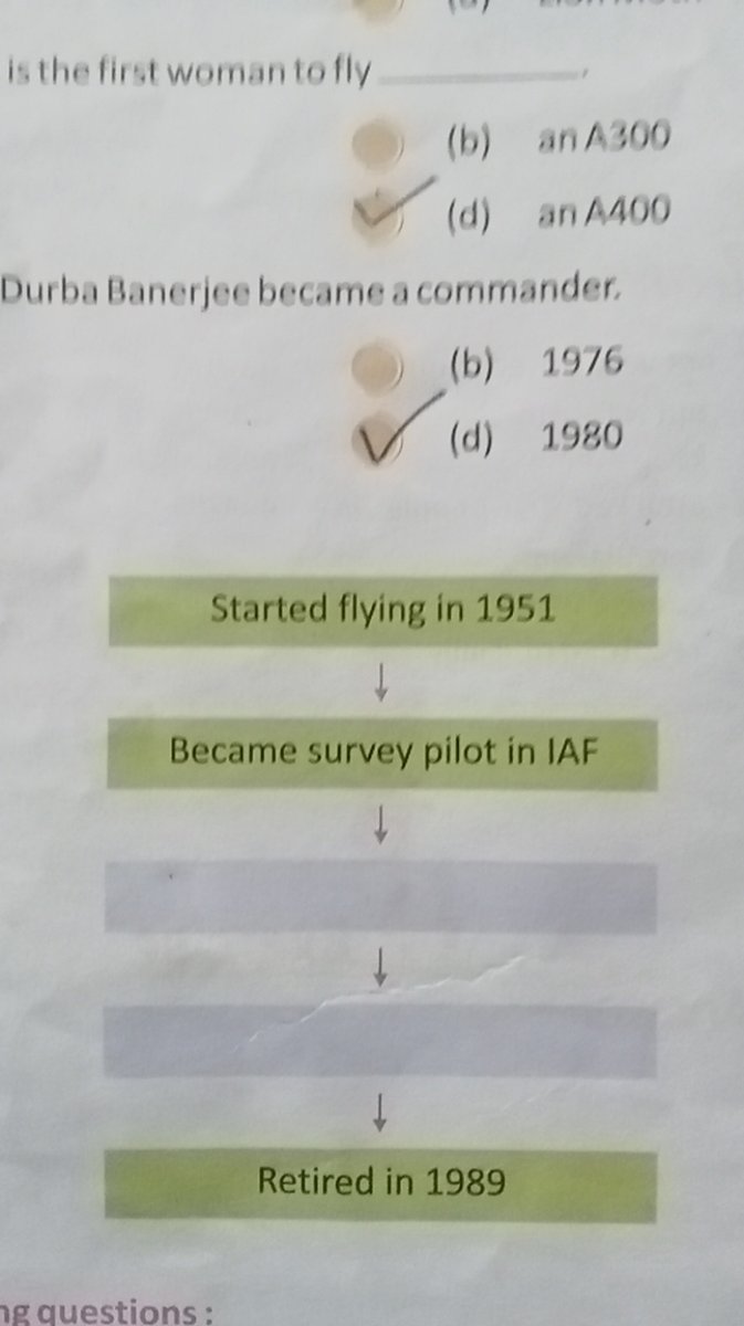The image contains a flowchart and two multiple-choice questions related