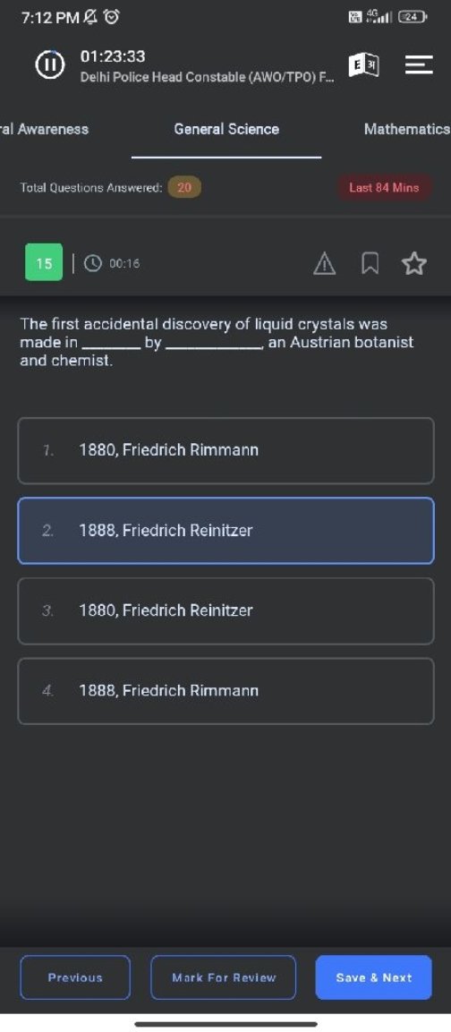 The first accidental discovery of liquid crystals was made in _ by _, an