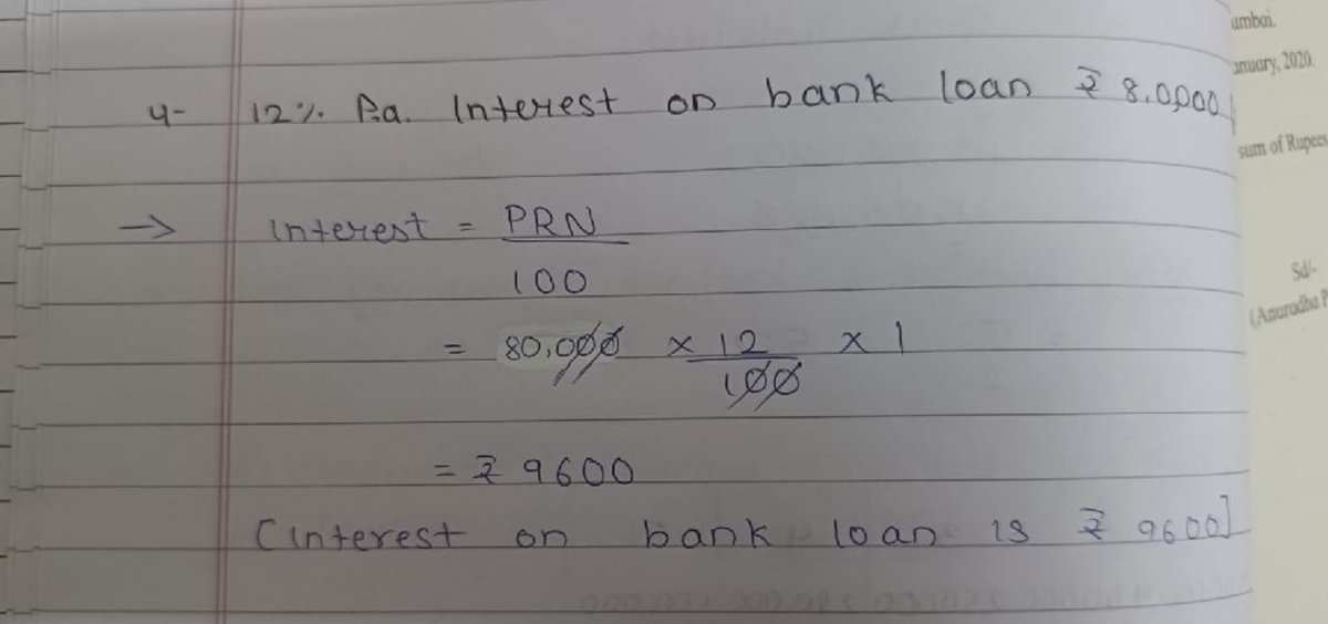 Calculate the interest on a bank loan of ₹80,000 at 12% p.a. for 1 year.