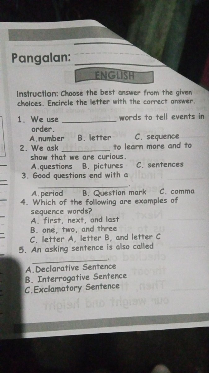 Pangalan: ENGLISH Instruction: Choose the best answer from the given ch..