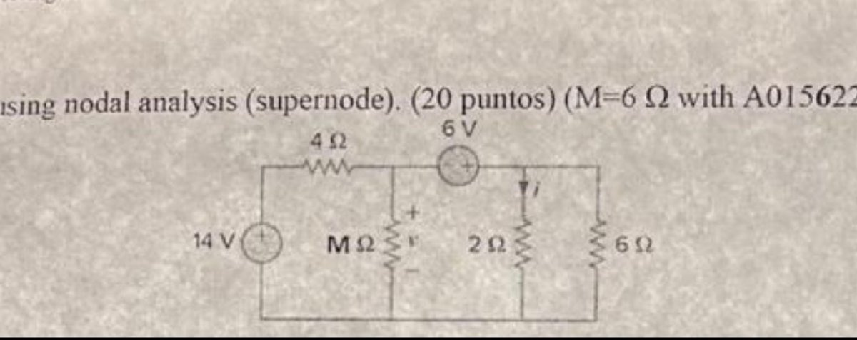 Using nodal analysis (supernode), calculate the values in the circuit. (2..