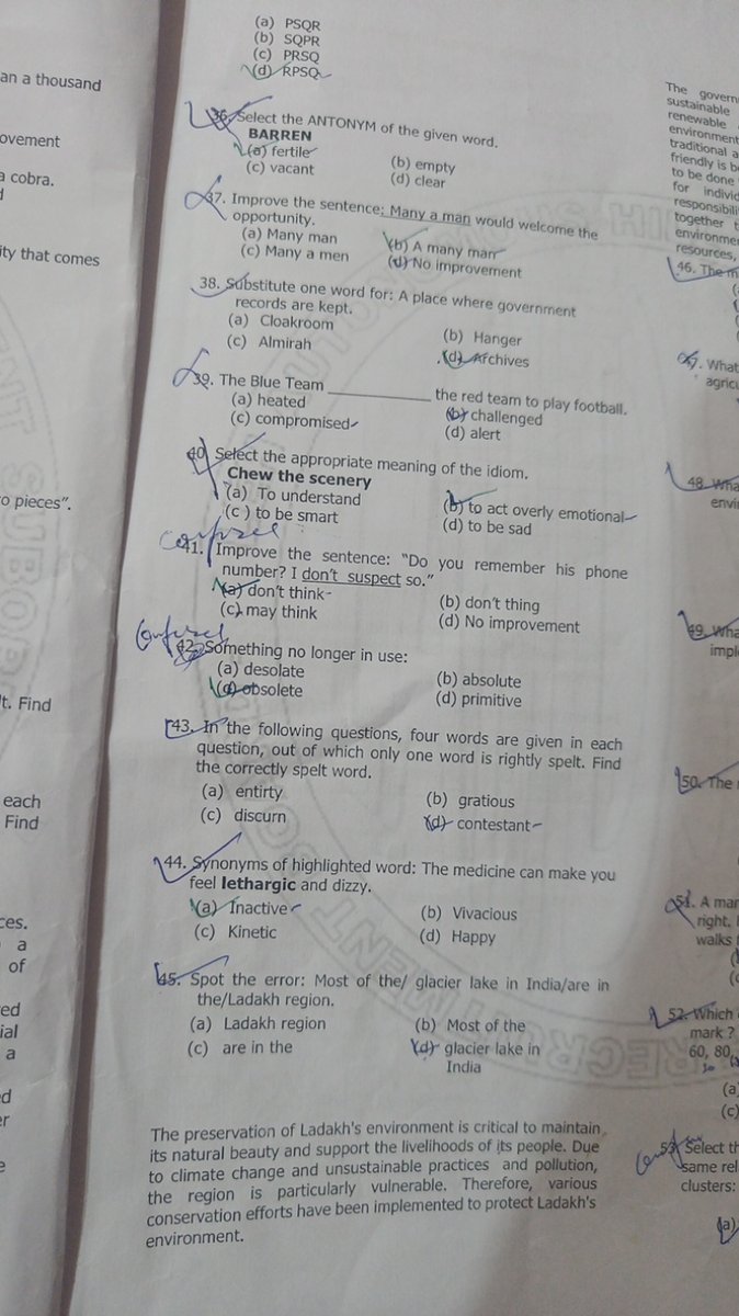 Select the ANTONYM of the given word. BARREN (a) fertile (b) empty (c) va..