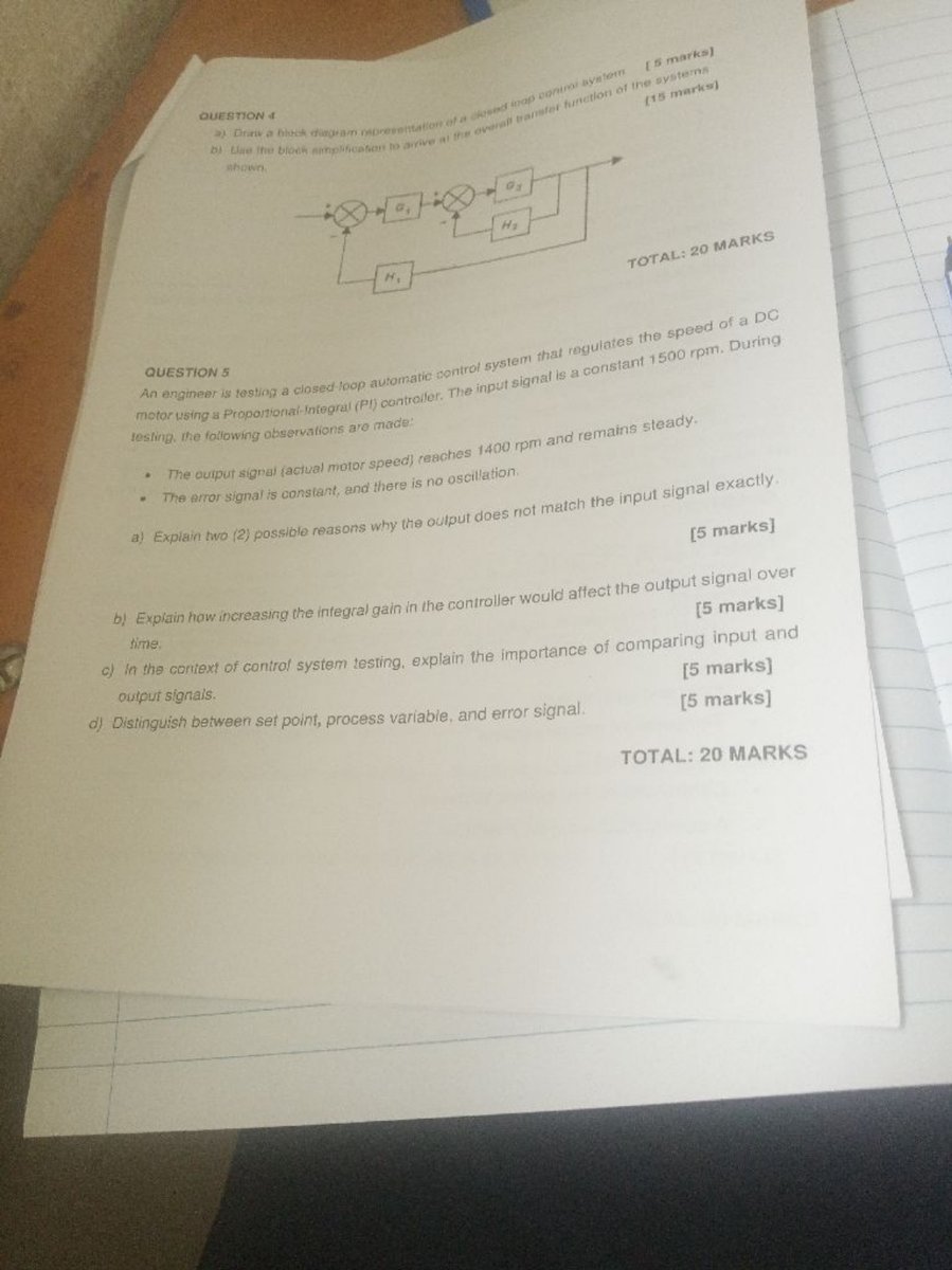 QUESTION 4 a) Draw a block diagram representation of a closed-loop contro..