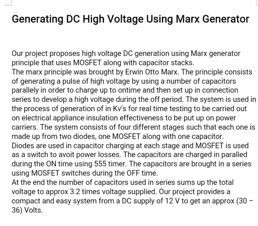 Generating DC High Voltage Using Marx Generator Our project proposes hig..