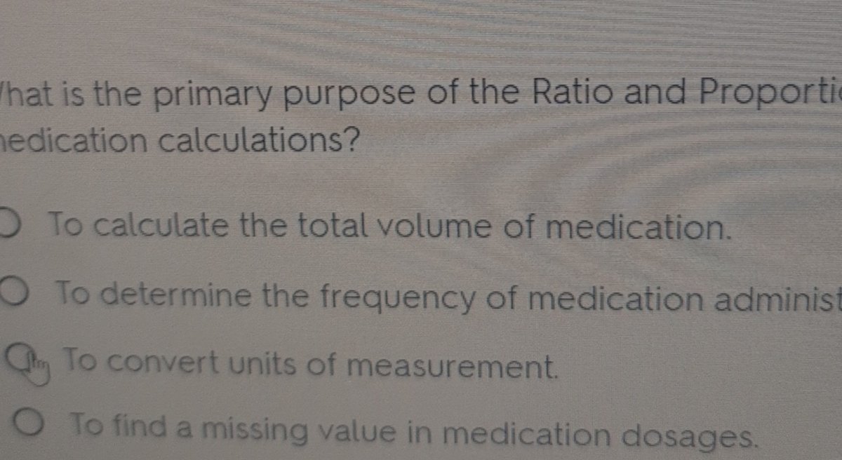 What is the primary purpose of the Ratio and Proportion in medication cal..