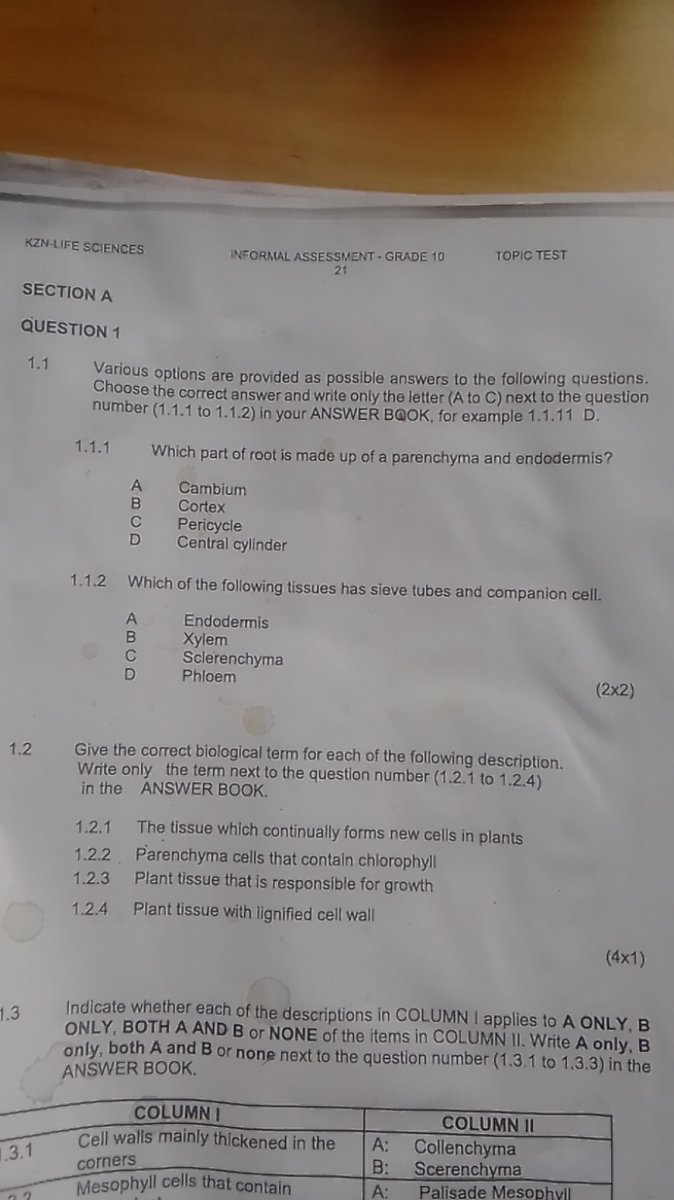 KZN-LIFE SCIENCES INFORMAL ASSESSMENT - GRADE 10 TOPIC TEST 21 SECTION A