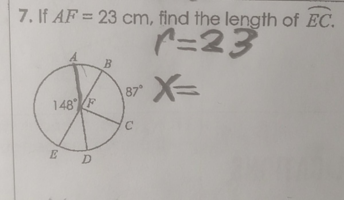 If AF = 23 \text{ cm}, find the length of \overarc{EC}. (The image shows..