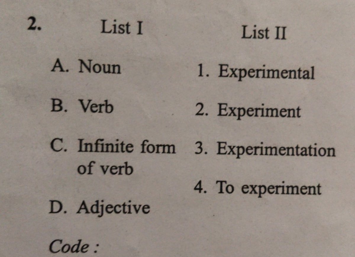 Match the following: List I A. Noun B. Verb C. Infinite form of verb D.