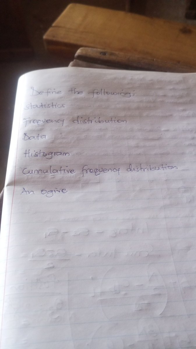 Define the following: Statistics Frequency distribution Data Histogram C..