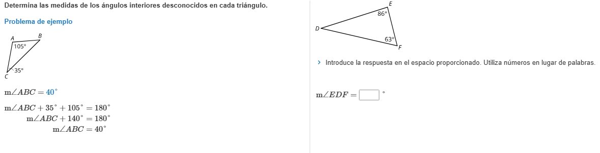 Determina las medidas de los ángulos interiores desconocidos en cada triá..