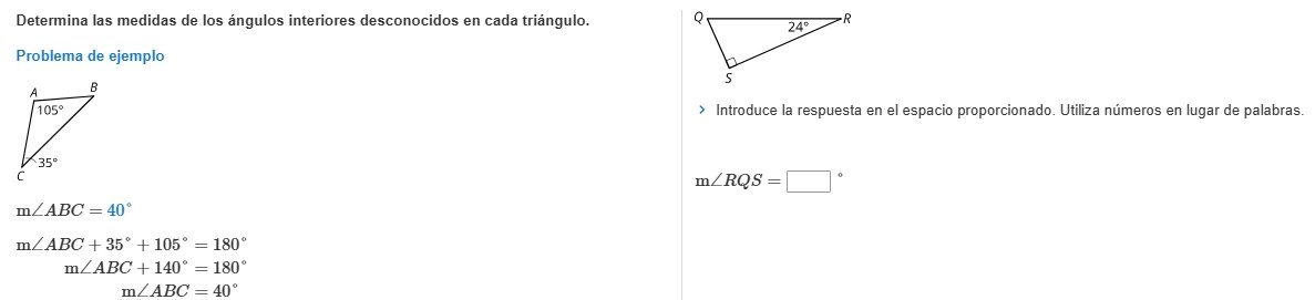 Determina las medidas de los ángulos interiores desconocidos en cada triá..