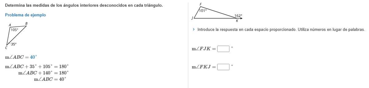 Determina las medidas de los ángulos interiores desconocidos en cada triá..
