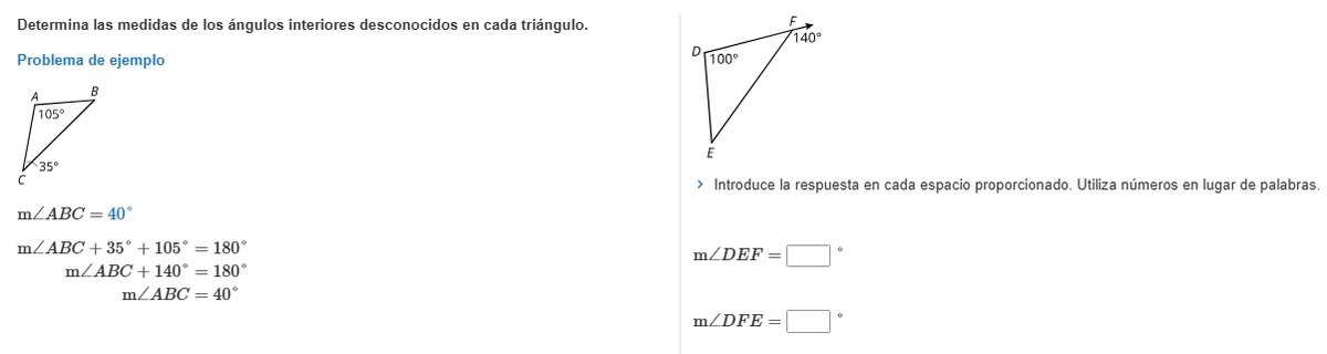Determina las medidas de los ángulos interiores desconocidos en cada triá..