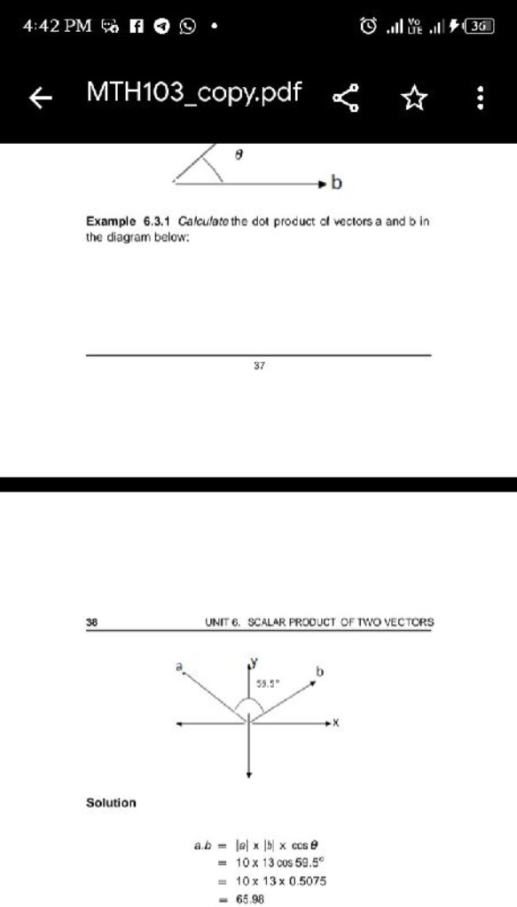 Example 6.3.1 Calculate the dot product of vectors a and b in the diagram..