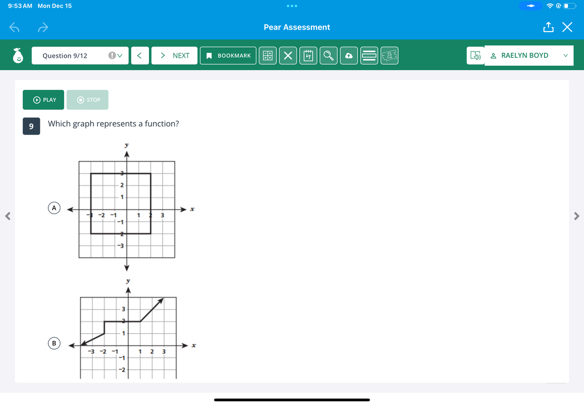 Which graph represents a function? (A) Graph of a square [Graph of a ste..
