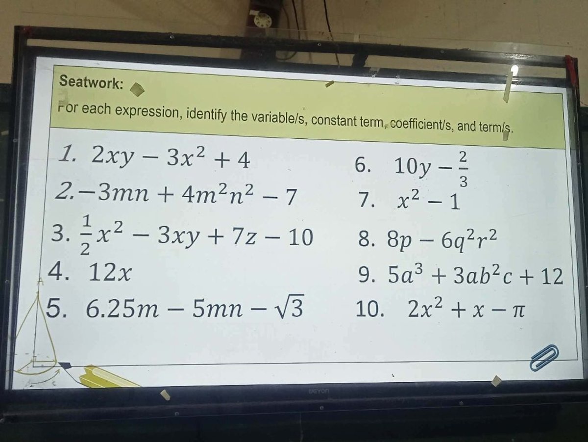 Seatwork: For each expression, identify the variable/s, constant term, co..