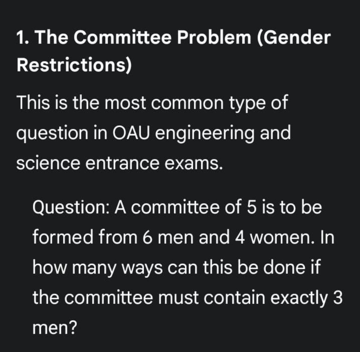 A committee of 5 is to be formed from 6 men and 4 women. In how many ways..