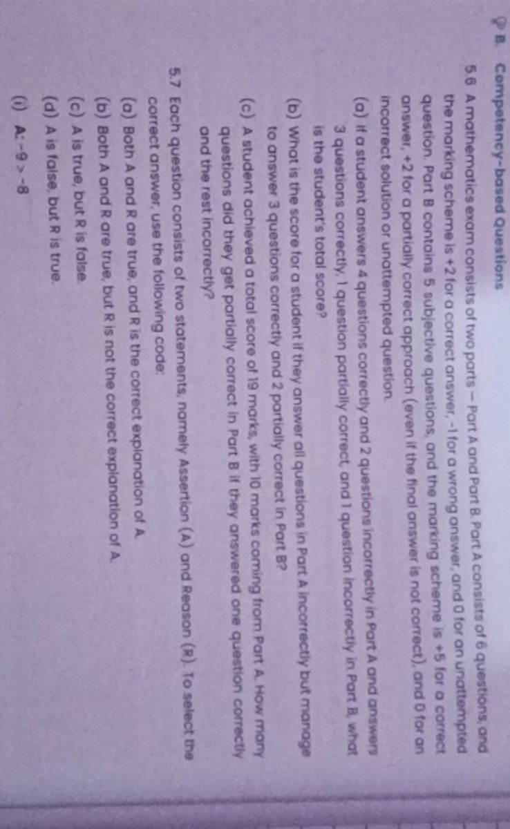 5.6 A mathematics exam consists of two parts – Part A and Part B. Part A