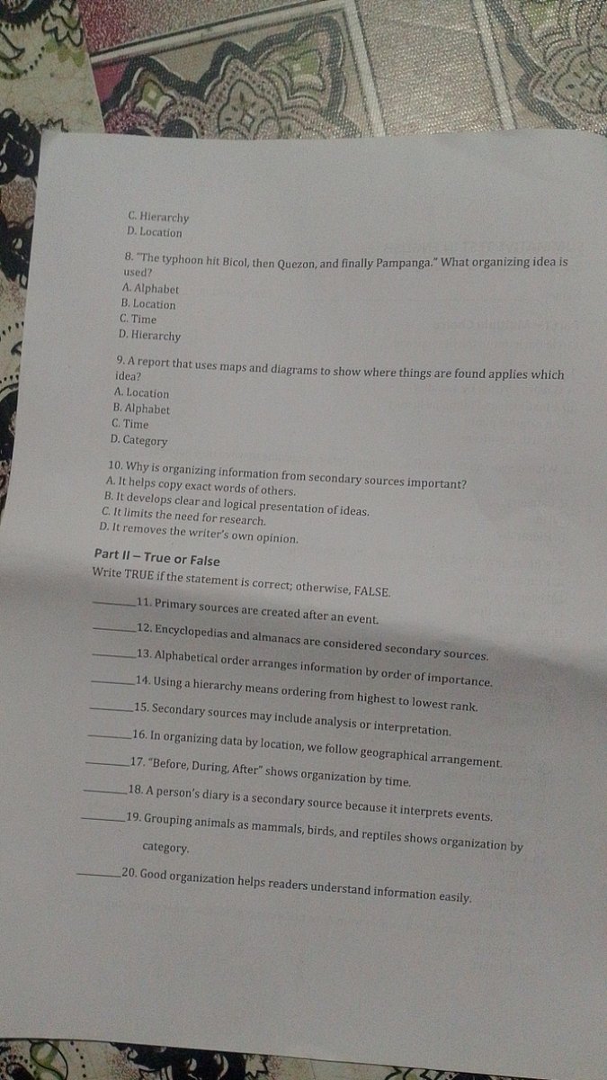 C. Hierarchy D. Location "The typhoon hit Bicol, then Quezon, and finall..