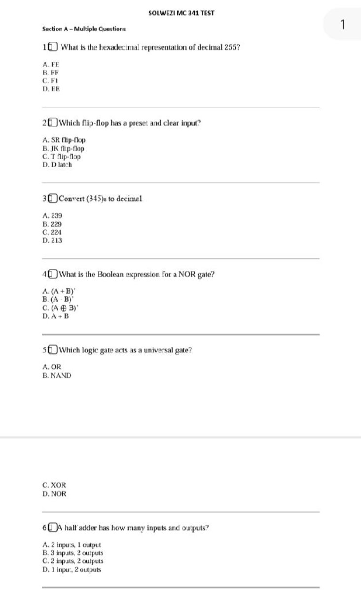 Section A - Multiple Questions What is the hexadecimal representation of..