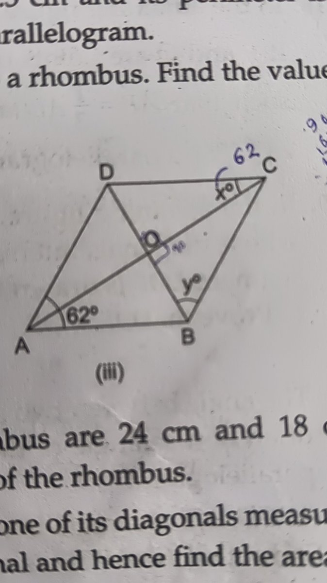 The image shows a rhombus ABCD with diagonals AC and BD intersecting at O..