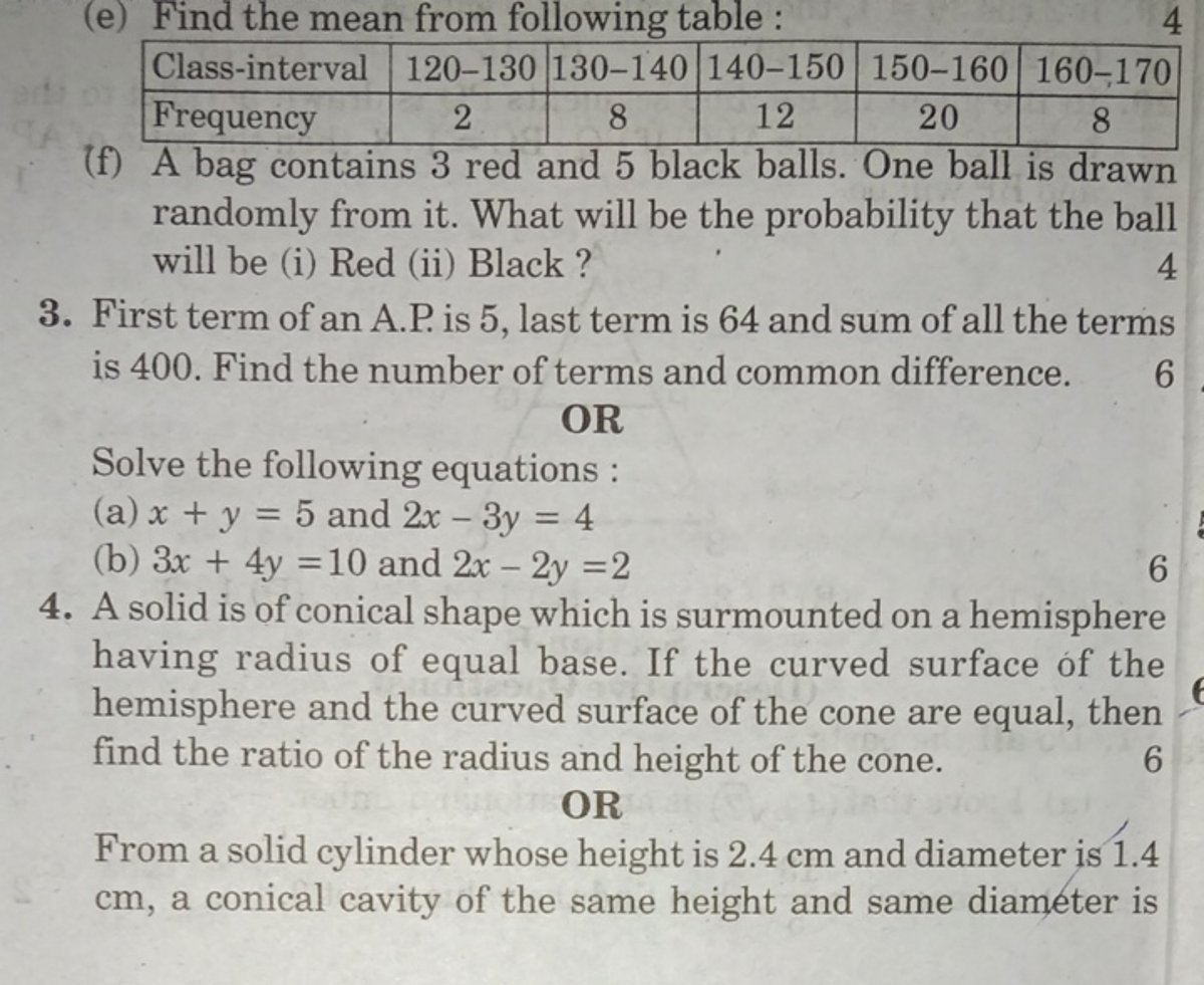 (e) Find the mean from the following table: | Class-interval | 120-130