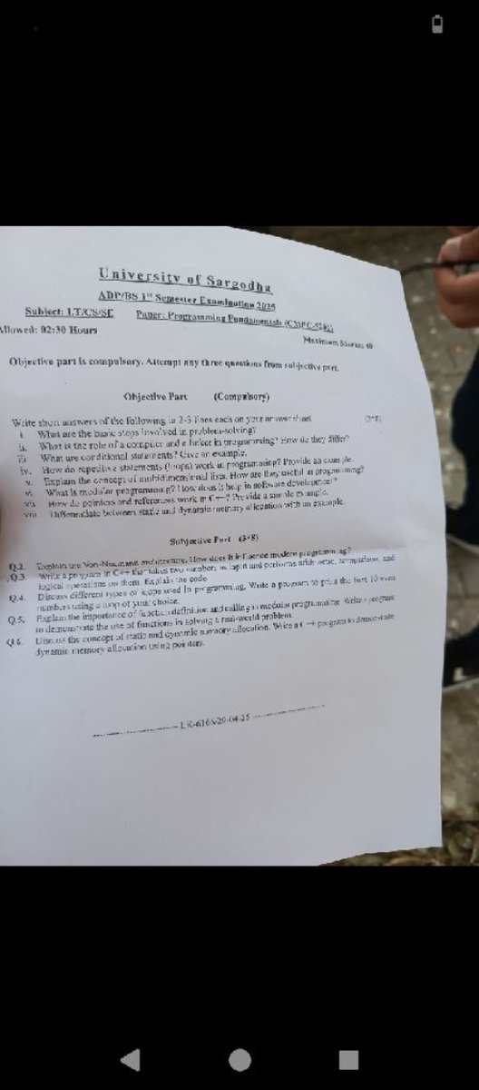 University of Sargodha ADP/BS 1st Semester Examination 2025 Subject: IT/C..