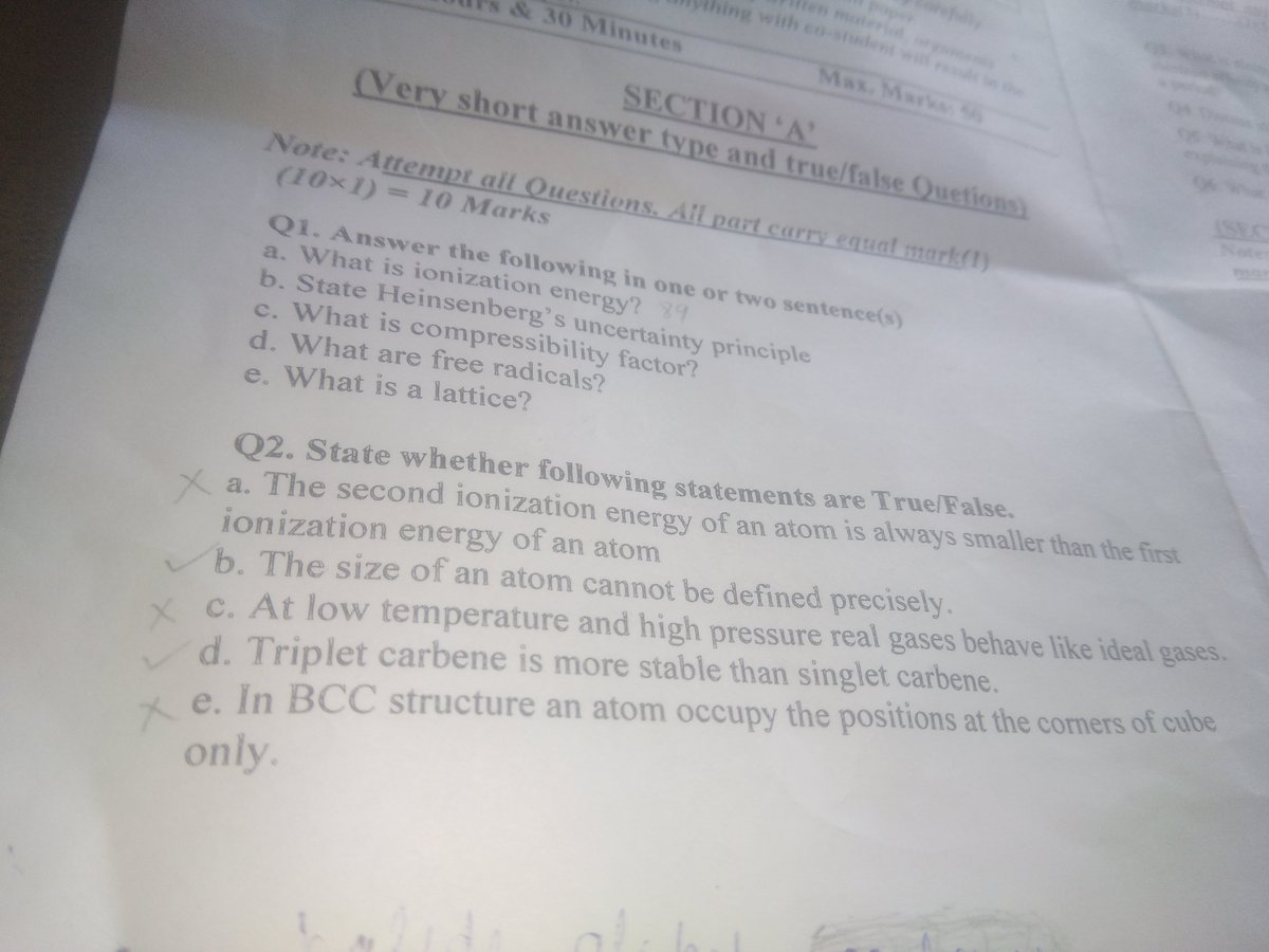 SECTION 'A' (Very short answer type and true/false Questions) Note: Attem..