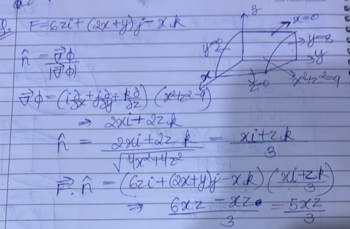 Given the vector field F = 6z\hat{i} + (2x+y)\hat{j} - x\hat{k} and a sur..