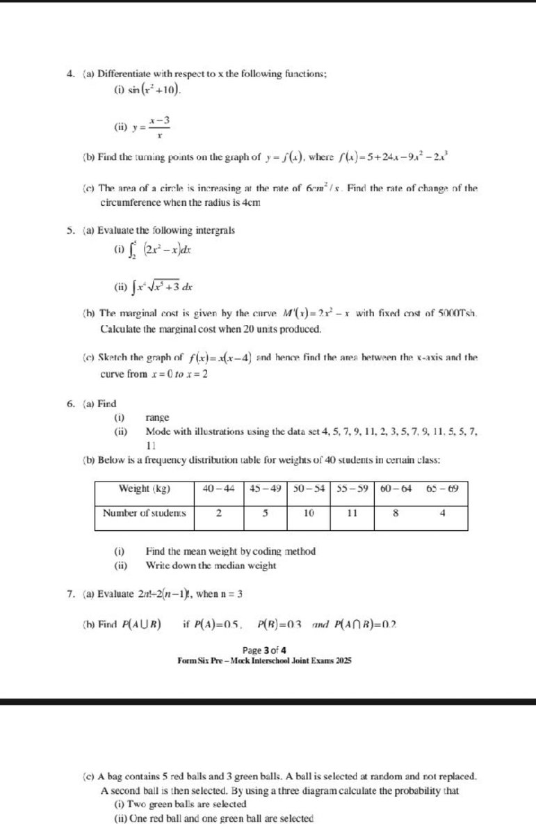 (a) Differentiate with respect to x the following functions; (i) \sin(x^{..